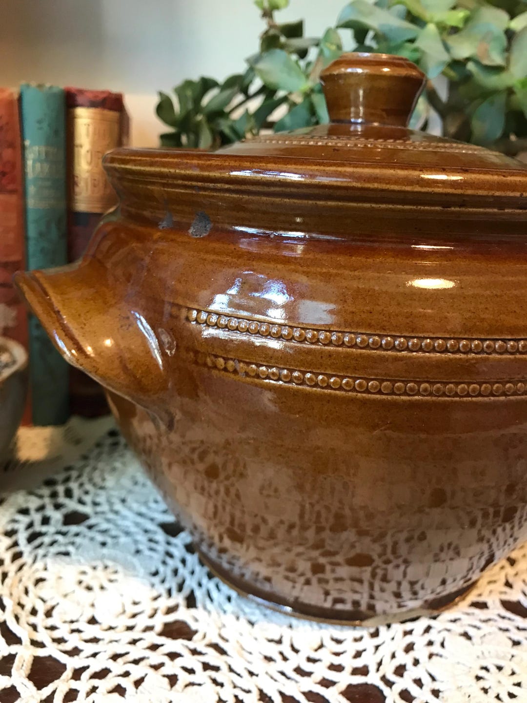 Large Stoneware Brown Bean Pot With Lid, Stoneware Crock, Brown Glazed ...
