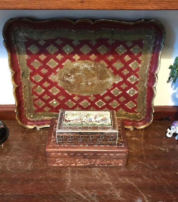 Antique Persian Khatam Inlay Trinket Box, Carved Wood… - Gem