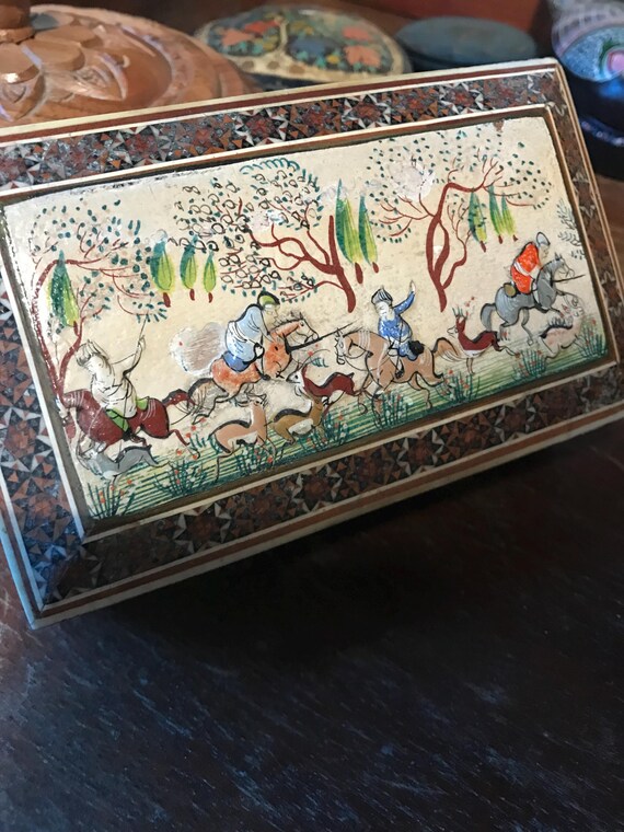 Antique Persian Khatam Inlay Trinket Box, Carved Wood… - Gem