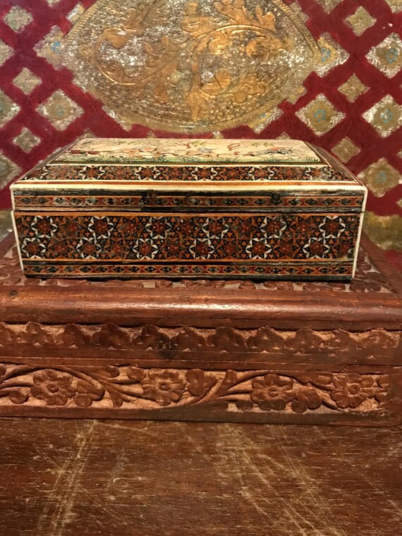 Antique Persian Khatam Inlay Trinket Box, Carved Wood… - Gem