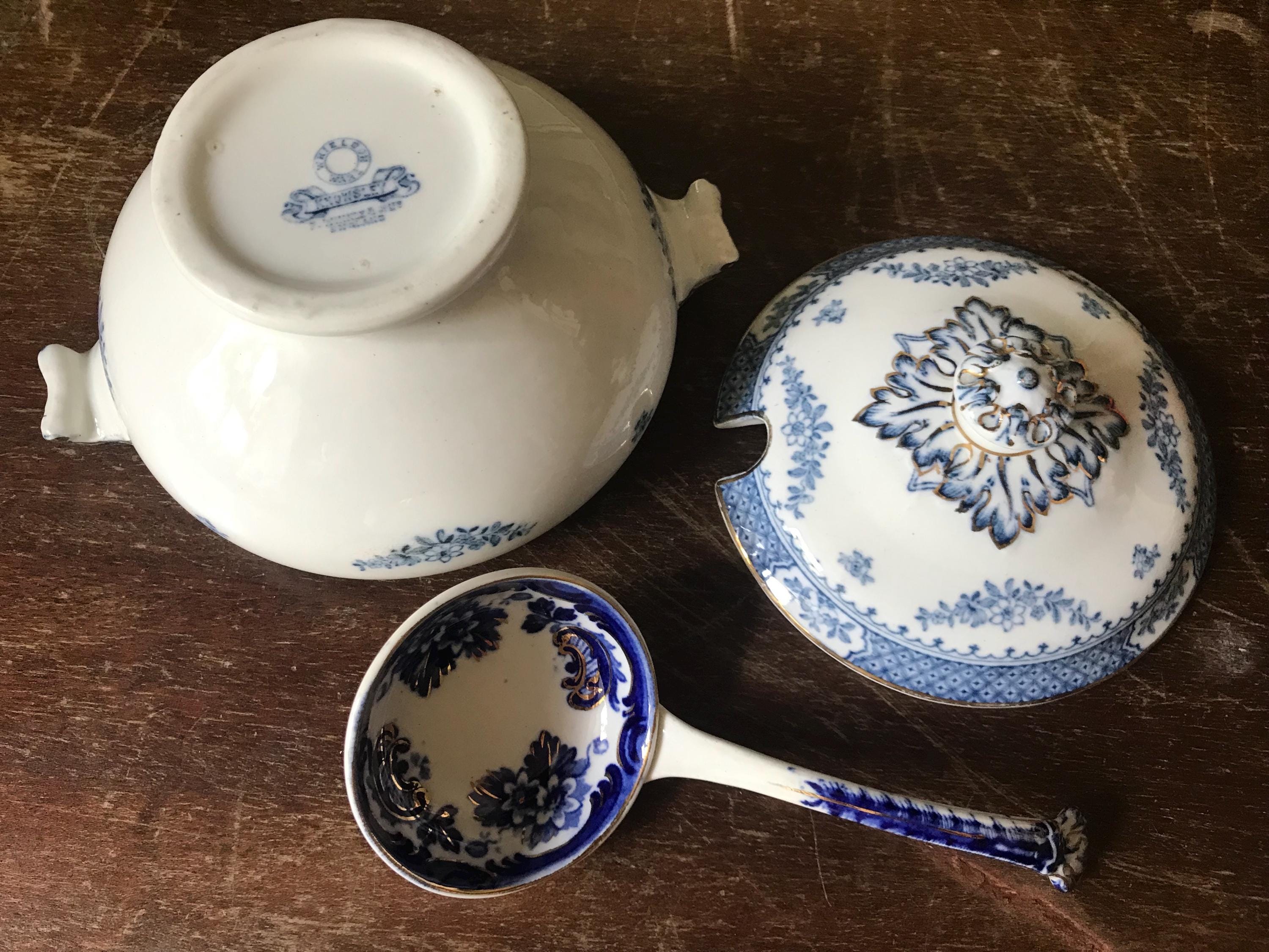 Antique Blue and White Serving Tureen With Serving Ladle, Collectible ...