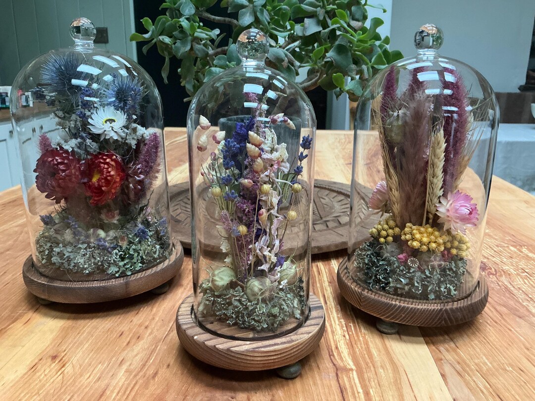 Dried Flower Glass Dome With Wooden Base, Dried Flower Arrangement ...