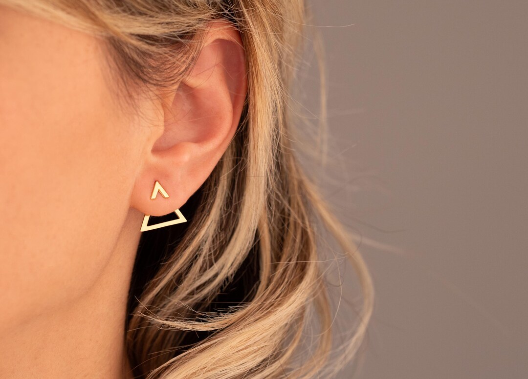 14K Gold Triangle Ear Jacket, Unique Earrings, Front and Back Triangle Studs Earrings, Double ...