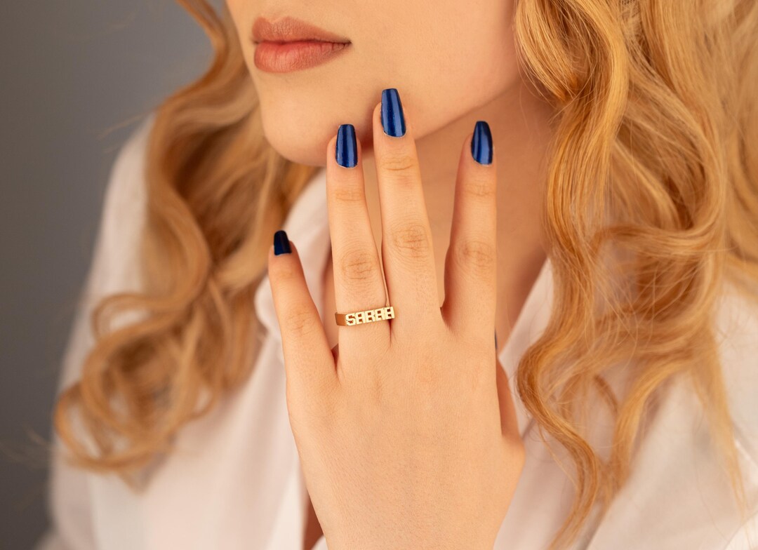 14K Gold Custom Name Ring, Personalized Block Name Ring, Dainty Gold ...