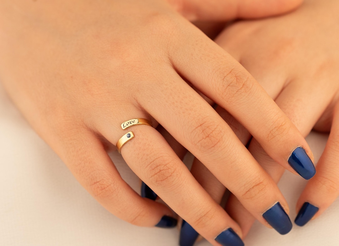 14K Gold Cursive Stacking Name Ring With Birthstone, 14K Personalized Name Ring, Adjustable ...