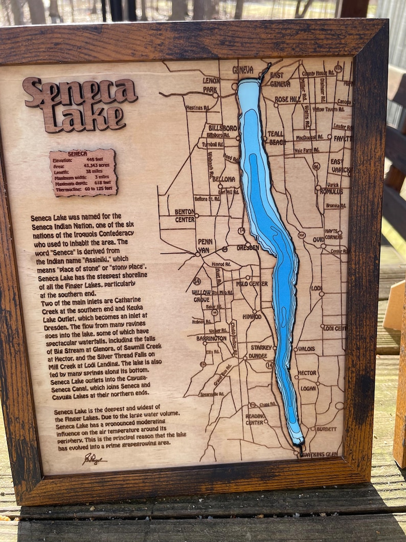 8x10 NY Finger Lakes Laser Engraved Map, Water Depths, All Fls, Seneca ...