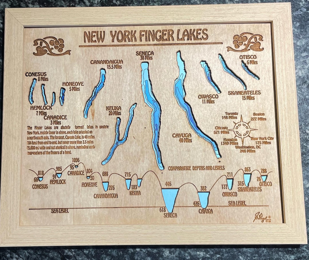 8x10 NY Finger Lakes Laser Engraved Map, Water Depths, All Fls, Seneca ...