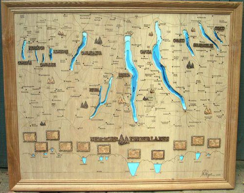 24x30 ADK, Finger Lakes, USA Map -laser Engraved With Water Depth ...