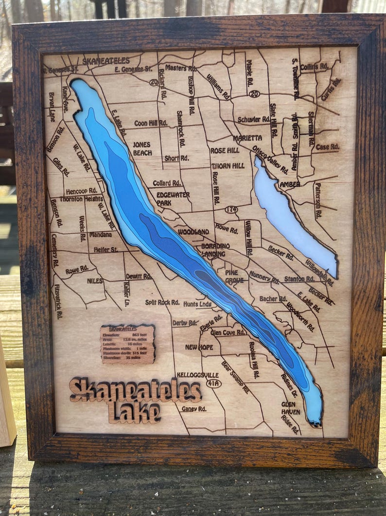 8x10 NY Finger Lakes Laser Engraved Map, Water Depths, All Fls, Seneca ...