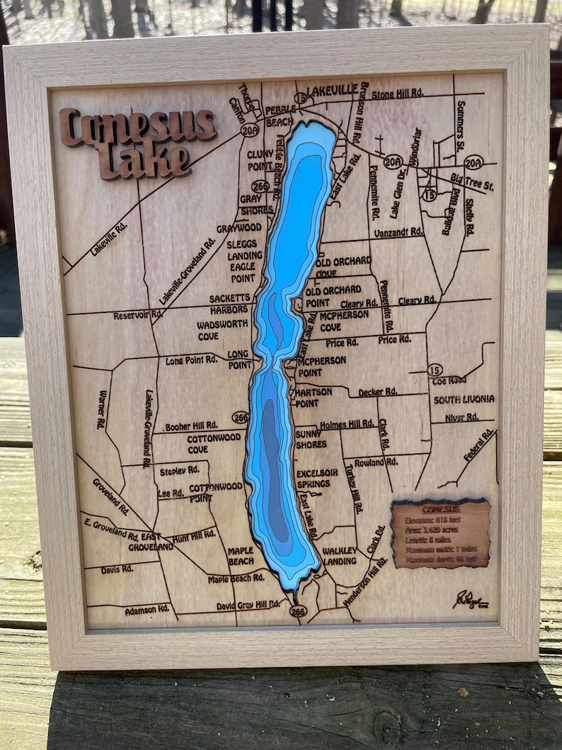 8x10 NY Finger Lakes Laser Engraved Map, Water Depths, All Fls, Seneca ...