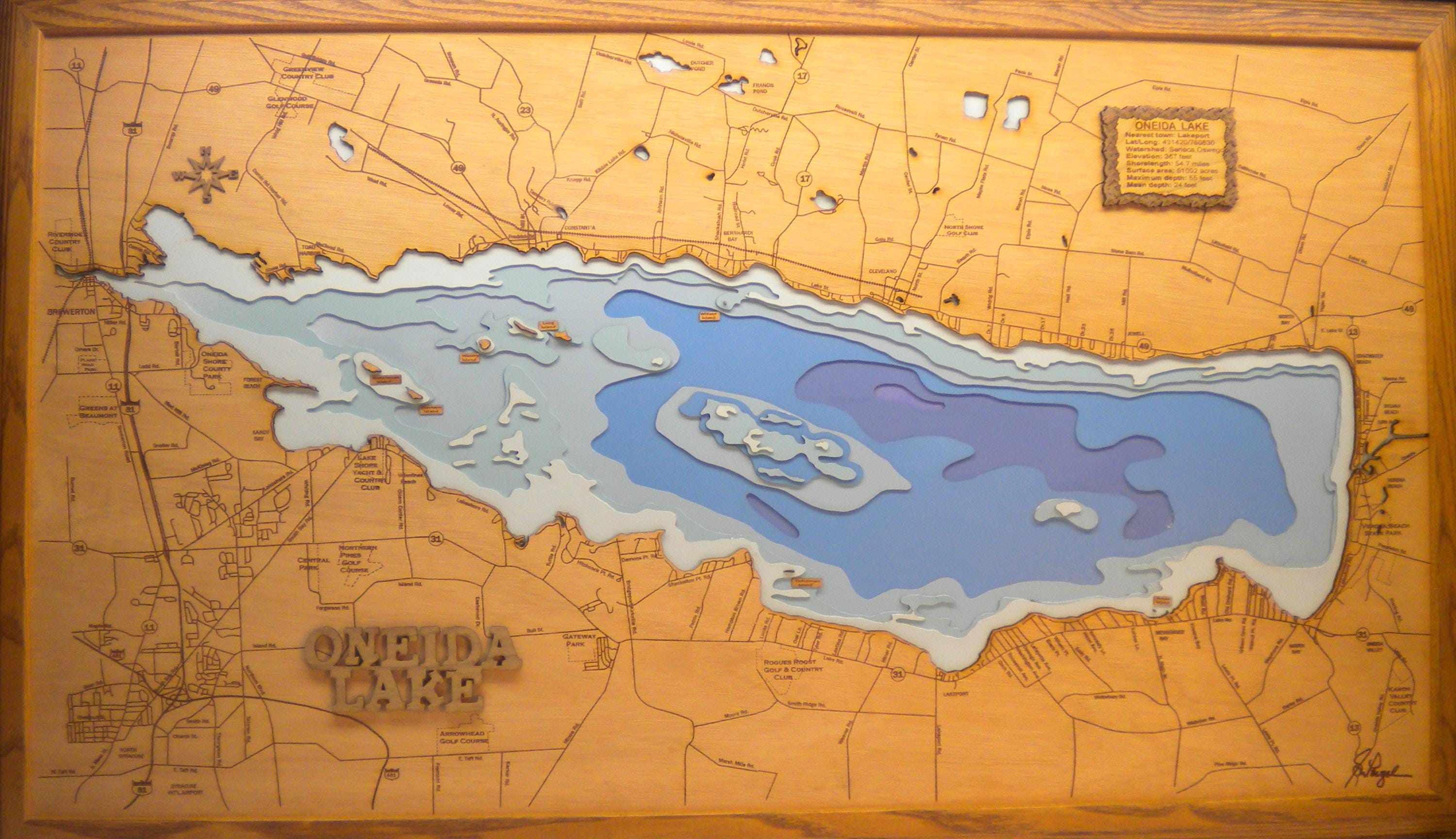 24x30 ADK, Finger Lakes, USA Map -laser Engraved With Water Depth ...