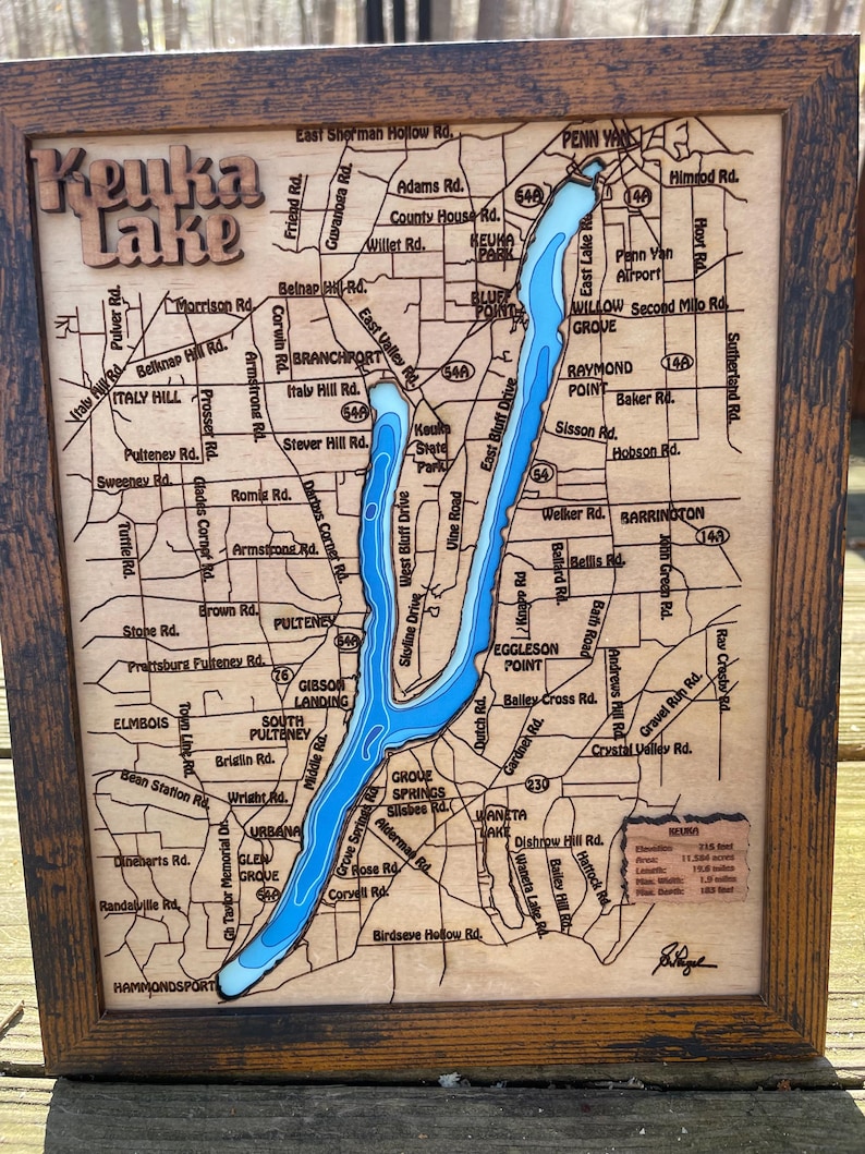 8x10 NY Finger Lakes Laser Engraved Map, Water Depths, All Fls, Seneca ...
