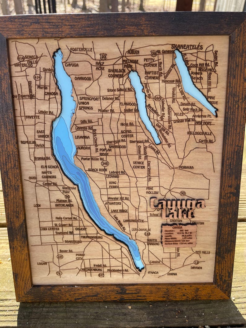 8x10 NY Finger Lakes Laser Engraved Map, Water Depths, All Fls, Seneca ...