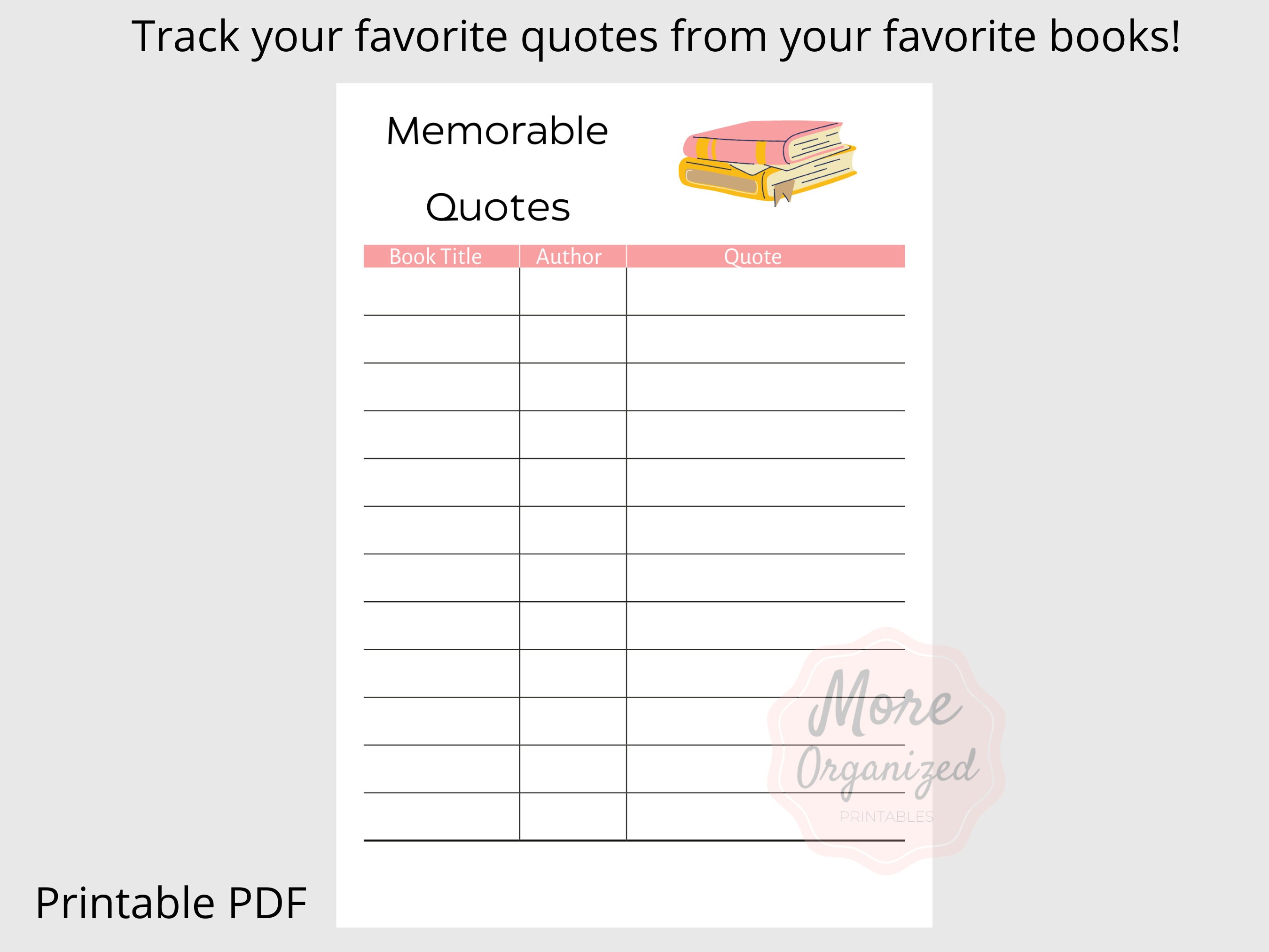 Memorable Quotes Tracker Printable for Book Lovers - Etsy