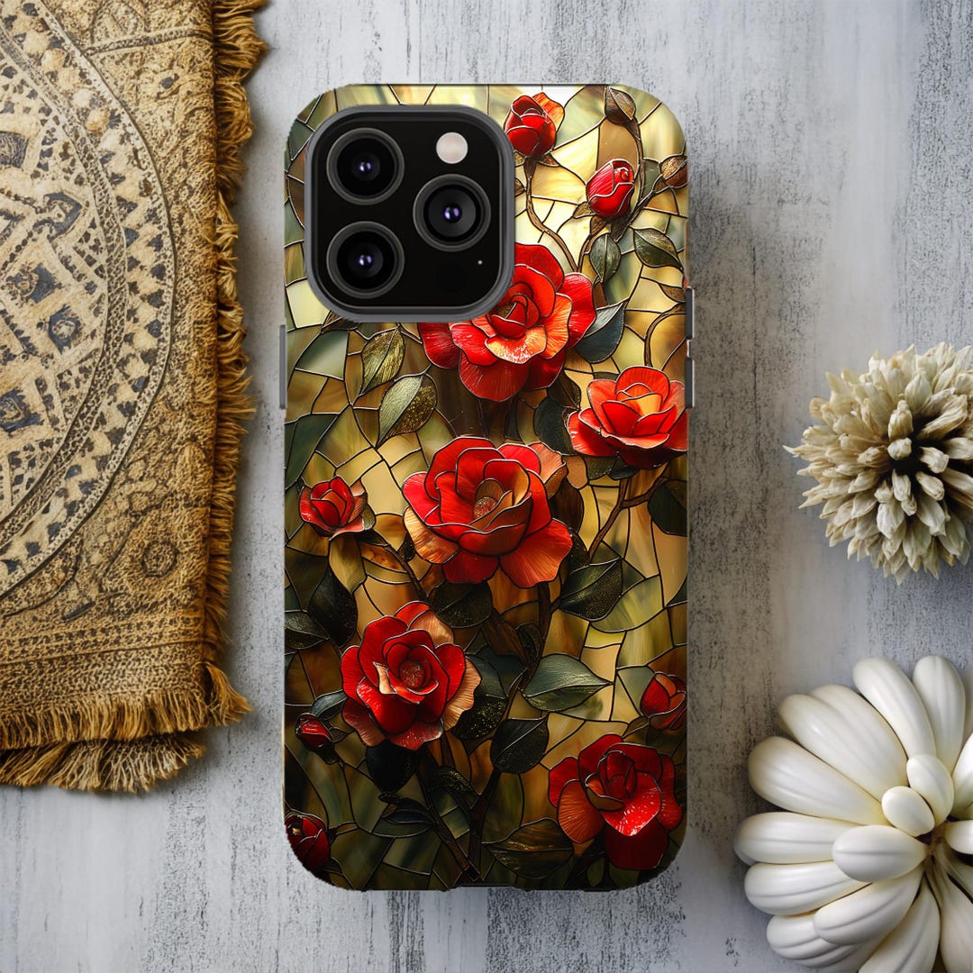 Red Roses Stained Glass Effect Phone Case Slim iPhone 11 12 13 14 15 16 ...