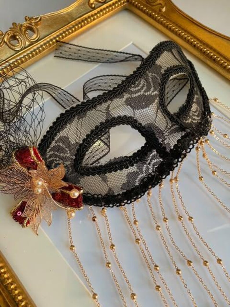 Romantic Venetian Black Masquerade Mask Gold Beaded Diamante Glitter ...