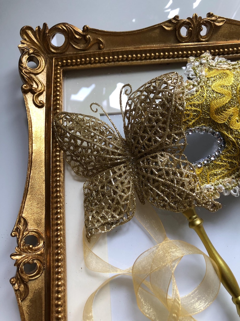 VALENTINES Gold Butterfly HANDHELD Masquerade Mask Stick Diamante Gem ...