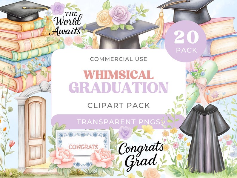 Graduation Clipart, Whimsical Digital Art, PNG for Scrapbooking, DIY ...