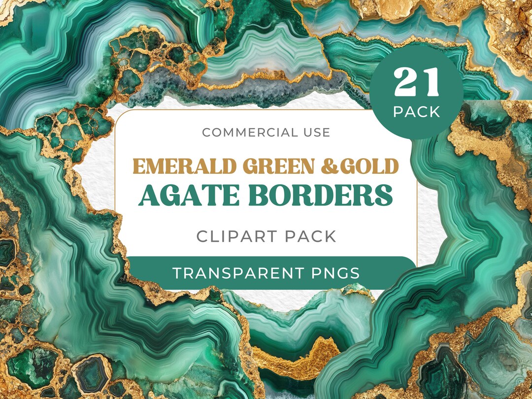 Emerald Green and Gold Agate Borders, Digital Clipart, Wedding ...