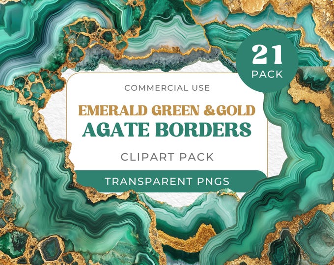 Emerald Green and Gold Agate Borders, Digital Clipart, Wedding Invitation Designs, Printable ...
