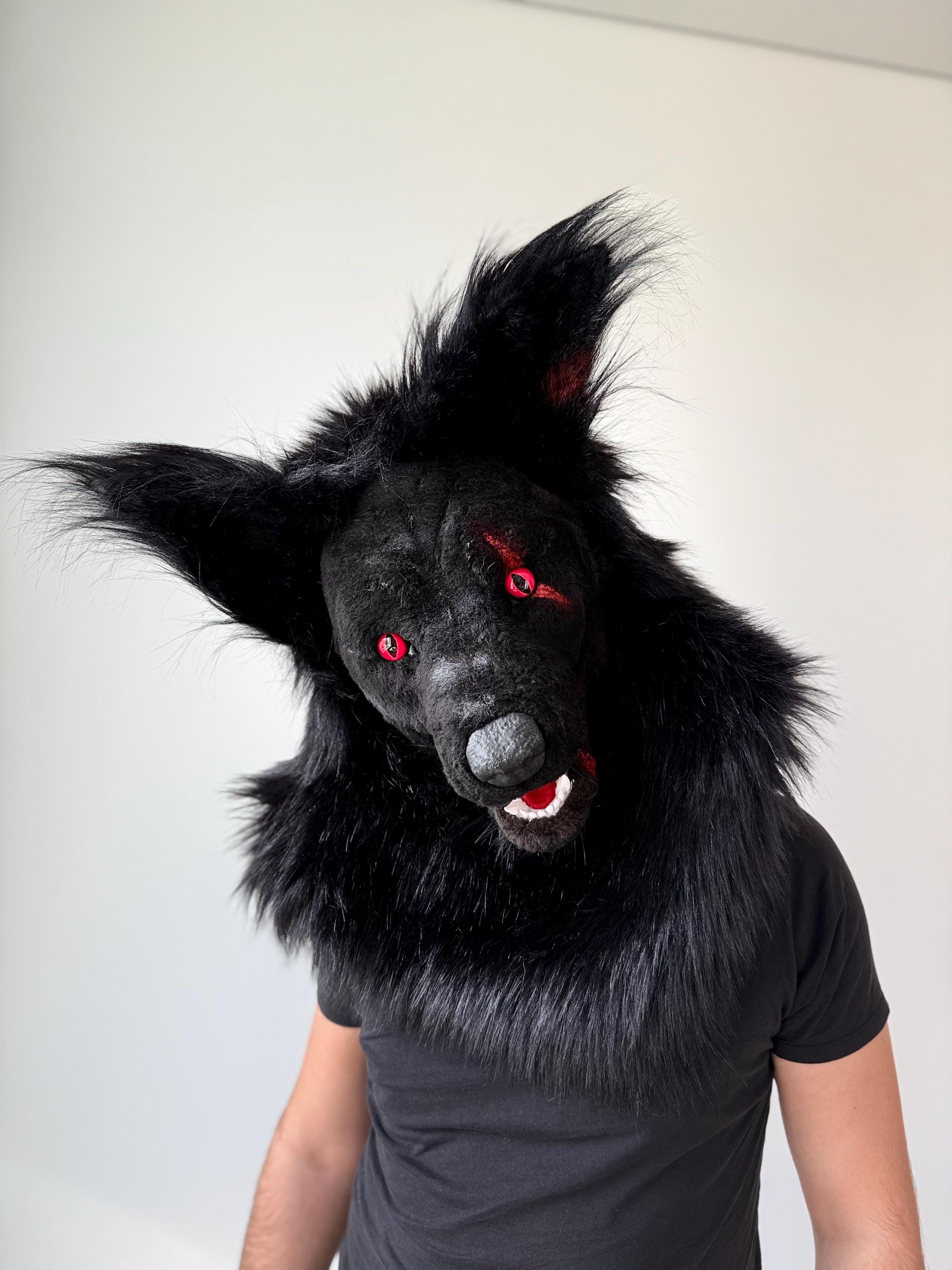 Scary Black Werewolf Fursuit Head Premade | Red Eyes Movable Jaw ...
