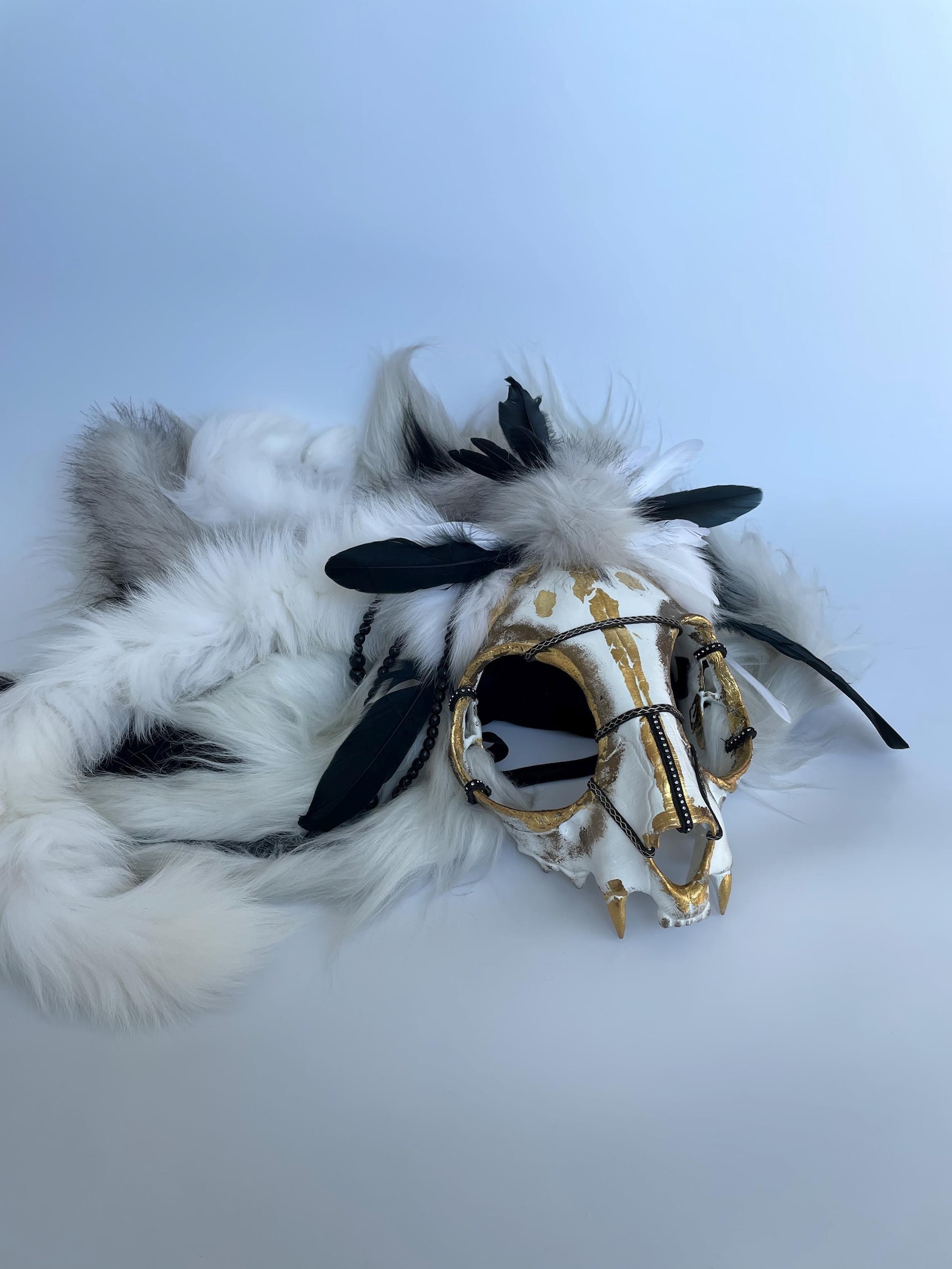 Shaman Fursuit Head Premade, Tribal Bone Mask With Feathers, Faux Fur ...