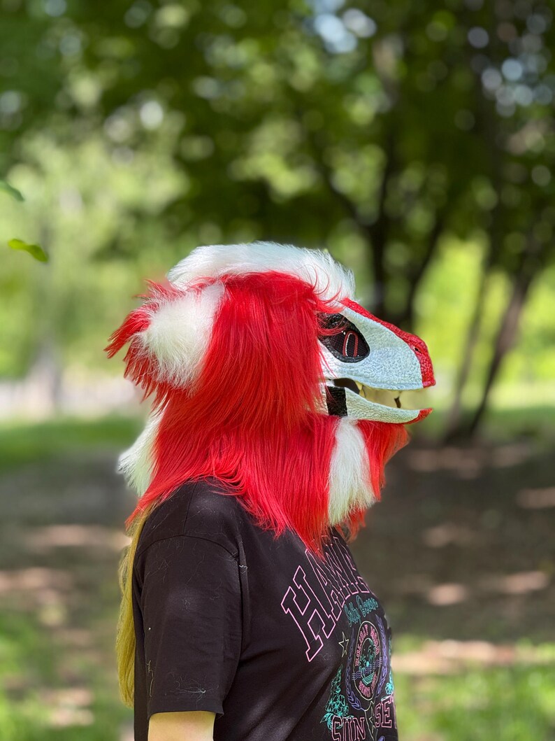 Red White Raptor Fursuit Head Premade With Movable Jaw | Long Fur Dino ...