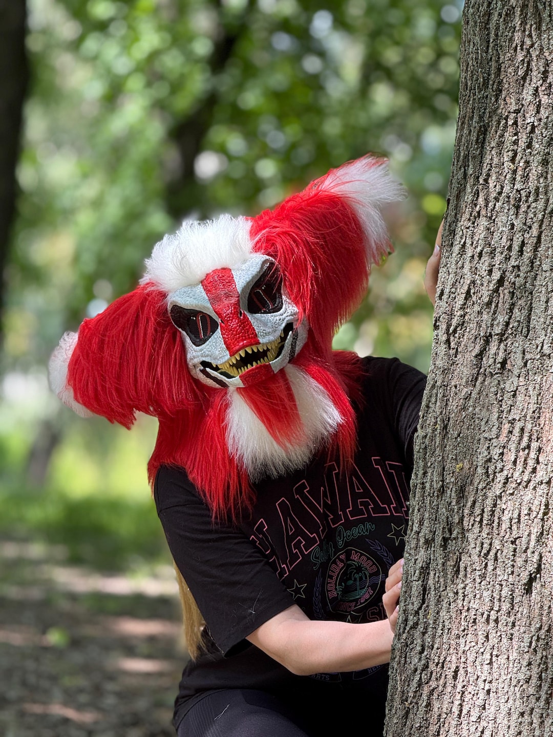 Premade Longhaired Dino Fursuit Head, Red White, Movable Jaw, Custom ...