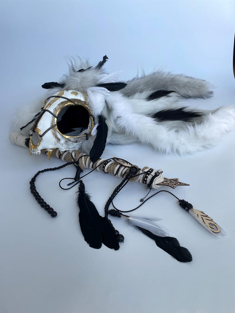 Shaman Fursuit Head Premade, Tribal Bone Mask With Feathers, Faux Fur ...