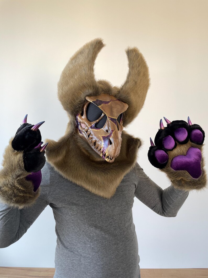 Brown and Black Skullraptor Fursuit Head With Movable Jaw, Paws With ...