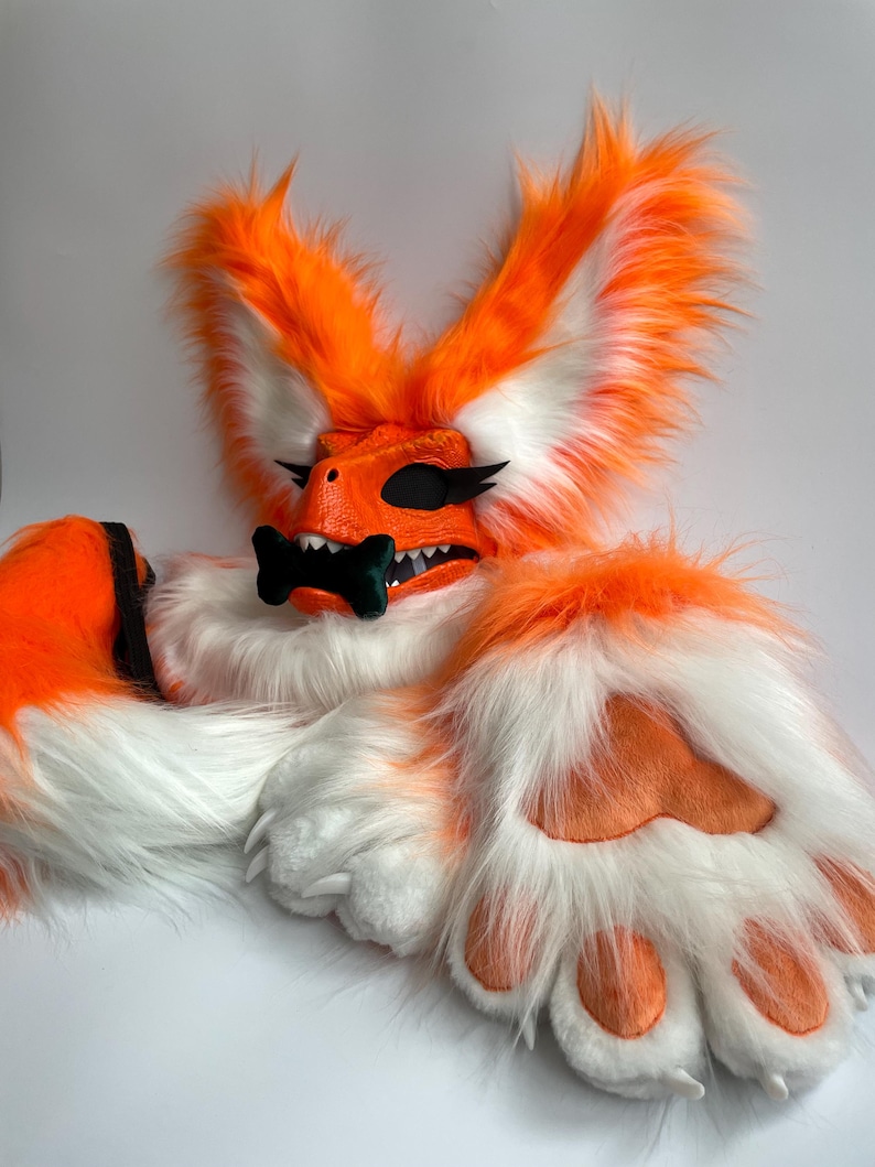 White Orange Dino Fox Fursuit Set, Premade Head With Movable Jaw, Tail ...