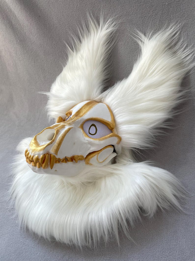 White Skulldog Fursuit Head With Gold Teeth, Opening Mouth, Werewolf ...