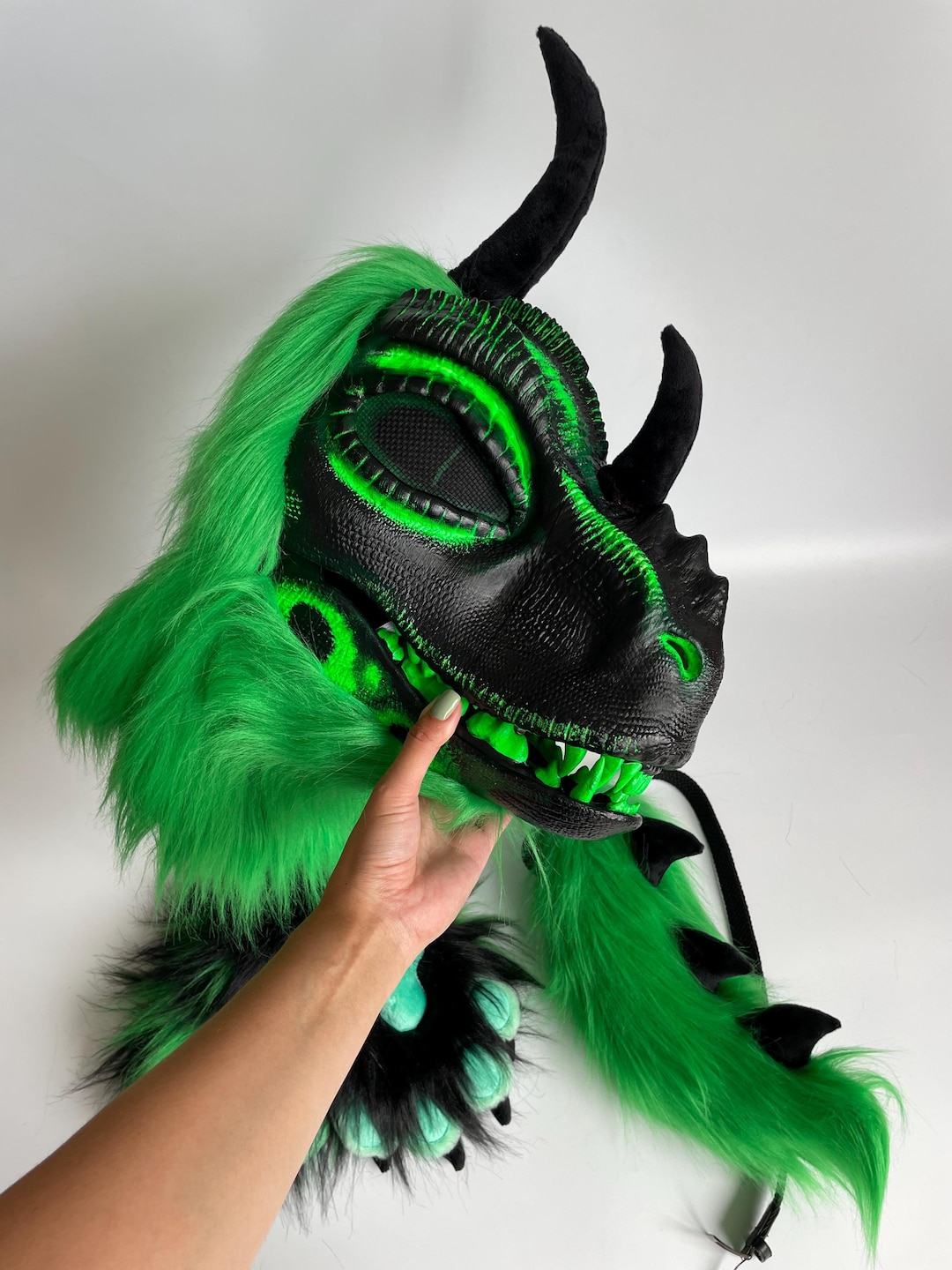 Neon Green Raptor Fursuit Head With Horn — Halloween Cosplay Mask | Set ...