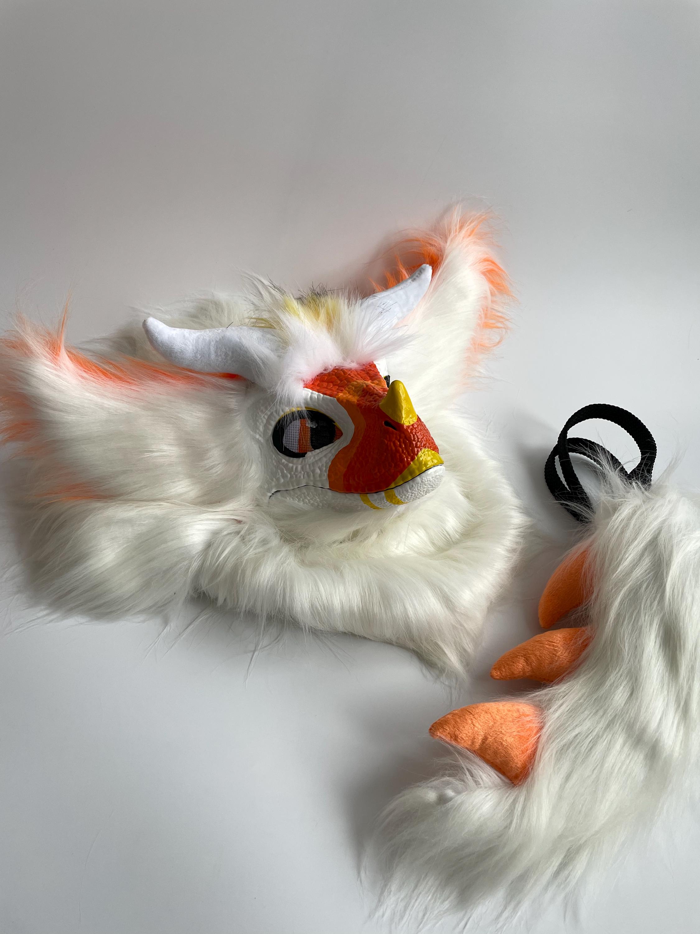Premade Dino Fursuit Head With Horns, White Orange Mask With Movable ...