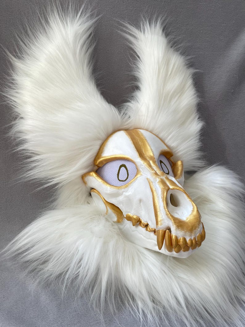 Premade Fursuit Head | White Skull Dog Mask With Gold Teeth | Werewolf ...