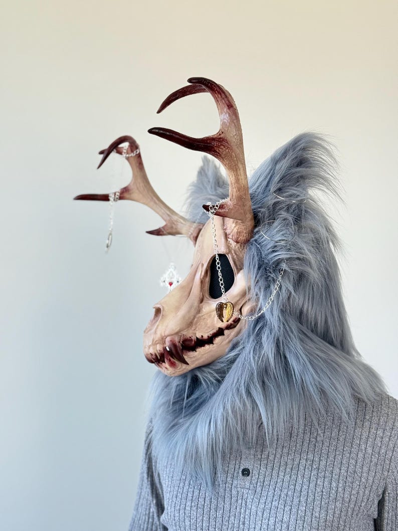Wendigo Tribal Bone Fursuit Head Premade | Scary Gray Faux Fur Mask ...