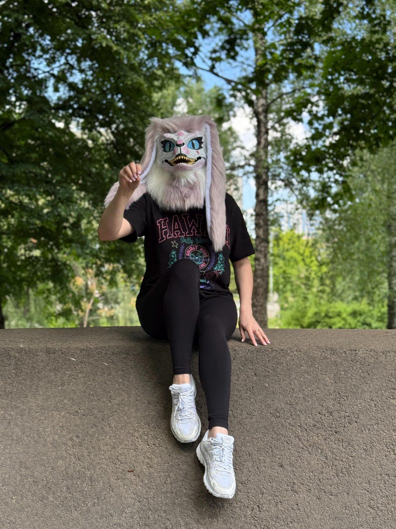 Pink Dino Fursuit Head With Long Ears, Movable Jaw, Cute Design ...