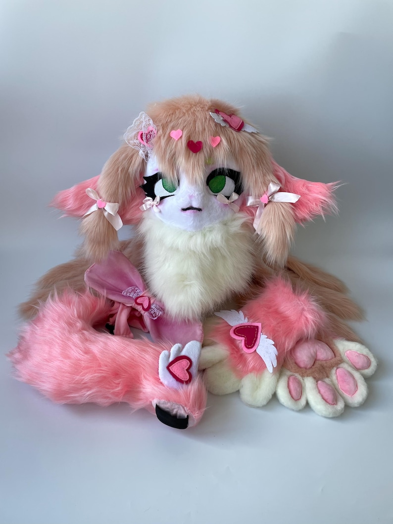 Light Pink Kemono Fursuit Set, Premade Furry Mask With Collar, Tail and ...