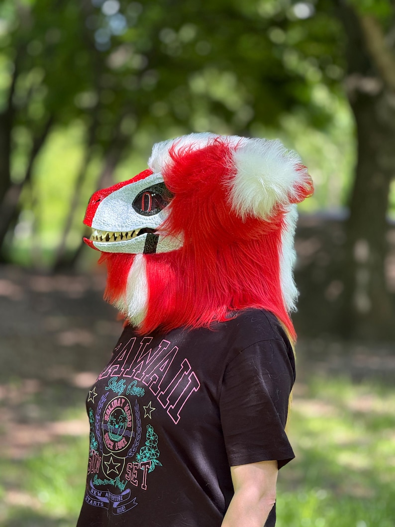 Premade Longhaired Dino Fursuit Head, Red White, Movable Jaw, Custom ...