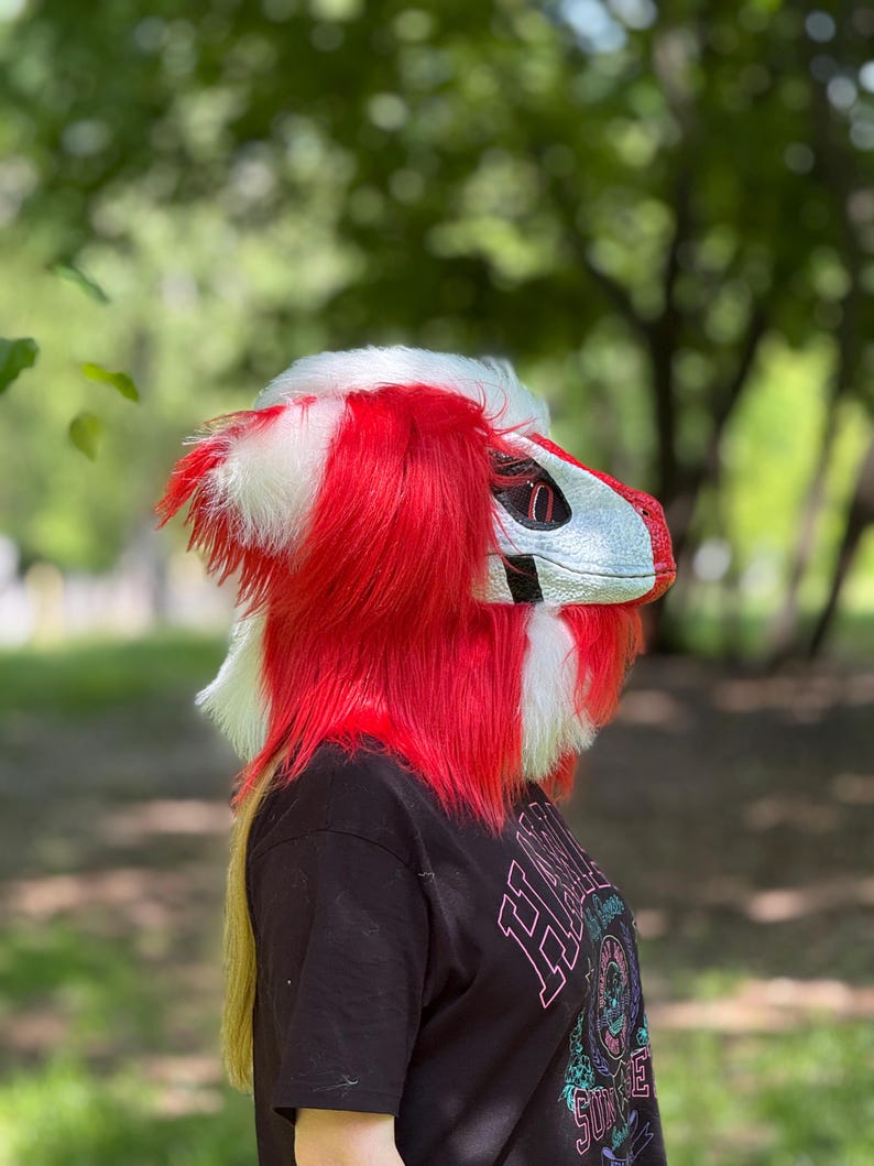 Premade Longhaired Dino Fursuit Head, Red White, Movable Jaw, Custom ...