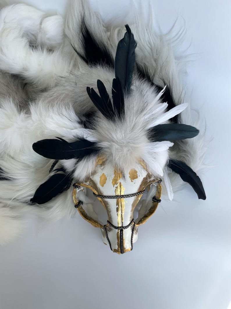 Shaman Fursuit Head Premade, Tribal Bone Mask With Feathers, Faux Fur ...