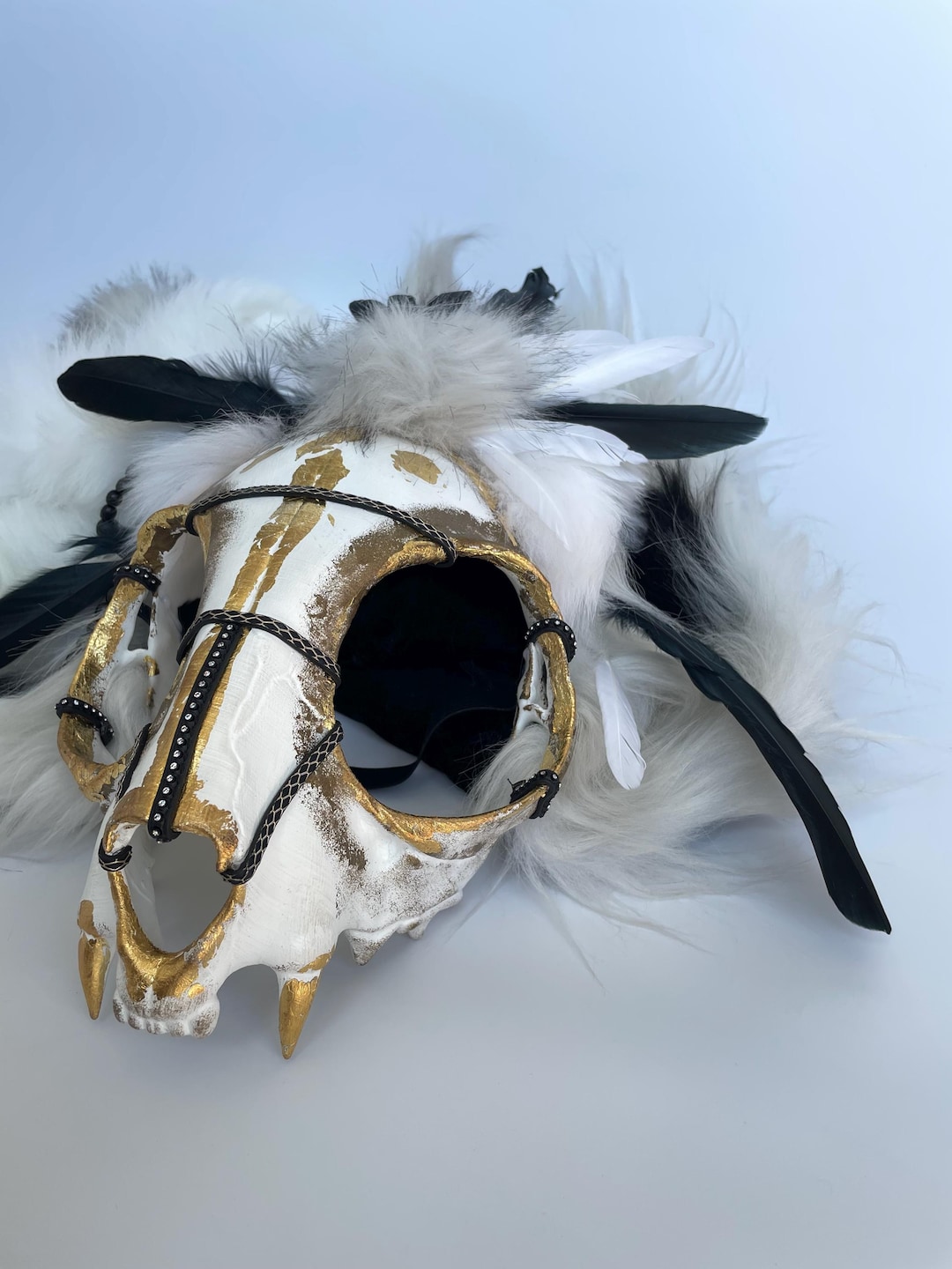 Shaman Fursuit Head Premade, Tribal Bone Mask With Feathers, Faux Fur ...