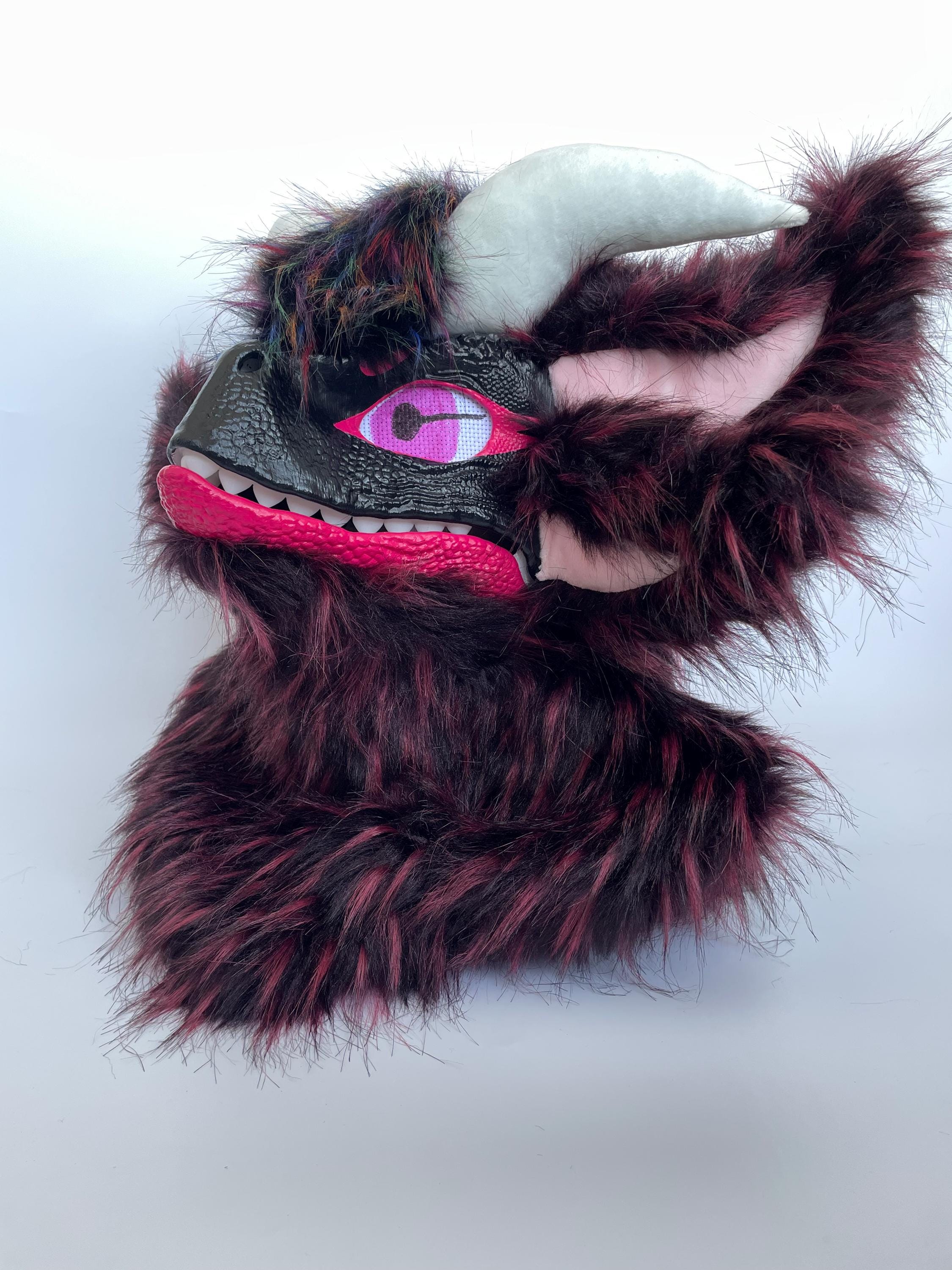 Furry Dino Fursuit Head, Dark Purple Mask With Movable Jaw, 4 Ears and ...