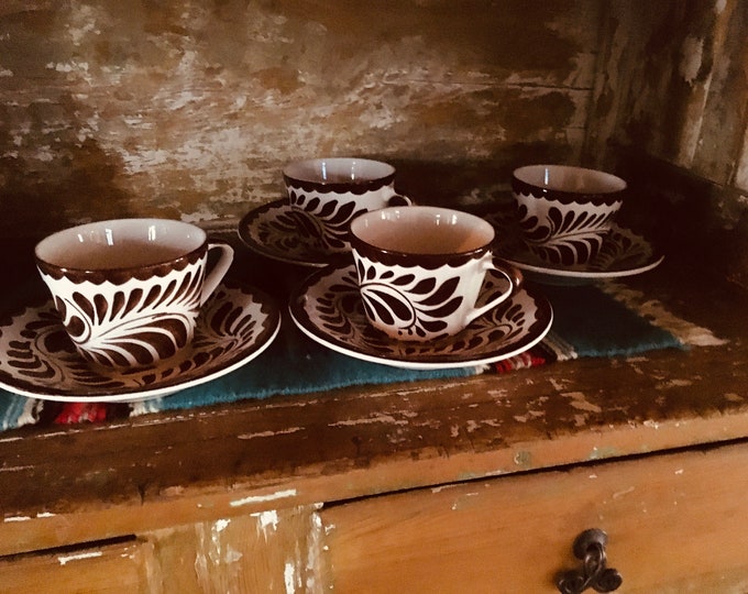 VINTAGE ANFORA Puebla Brown Mexican Pottery Set of Four Cups and ...