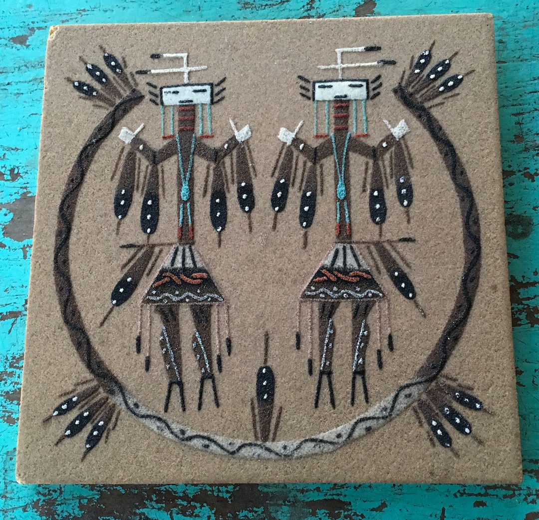 NAVAJO Native American RAINBOW Sand Painting Signed Old West Kachinas ...