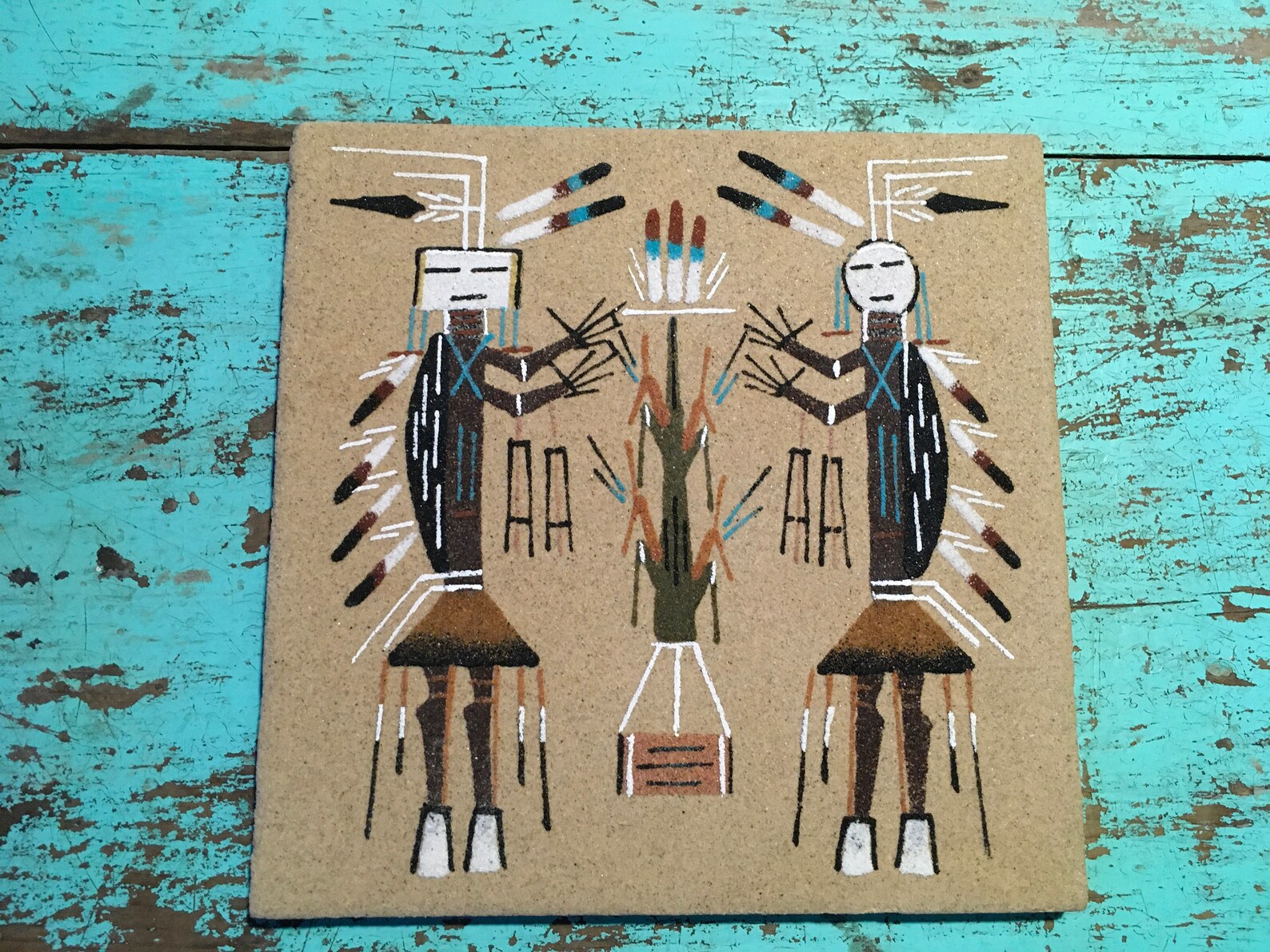 NAVAJO Native American CAMEL PEOPLE With Corn Sand Painting Signed Old ...
