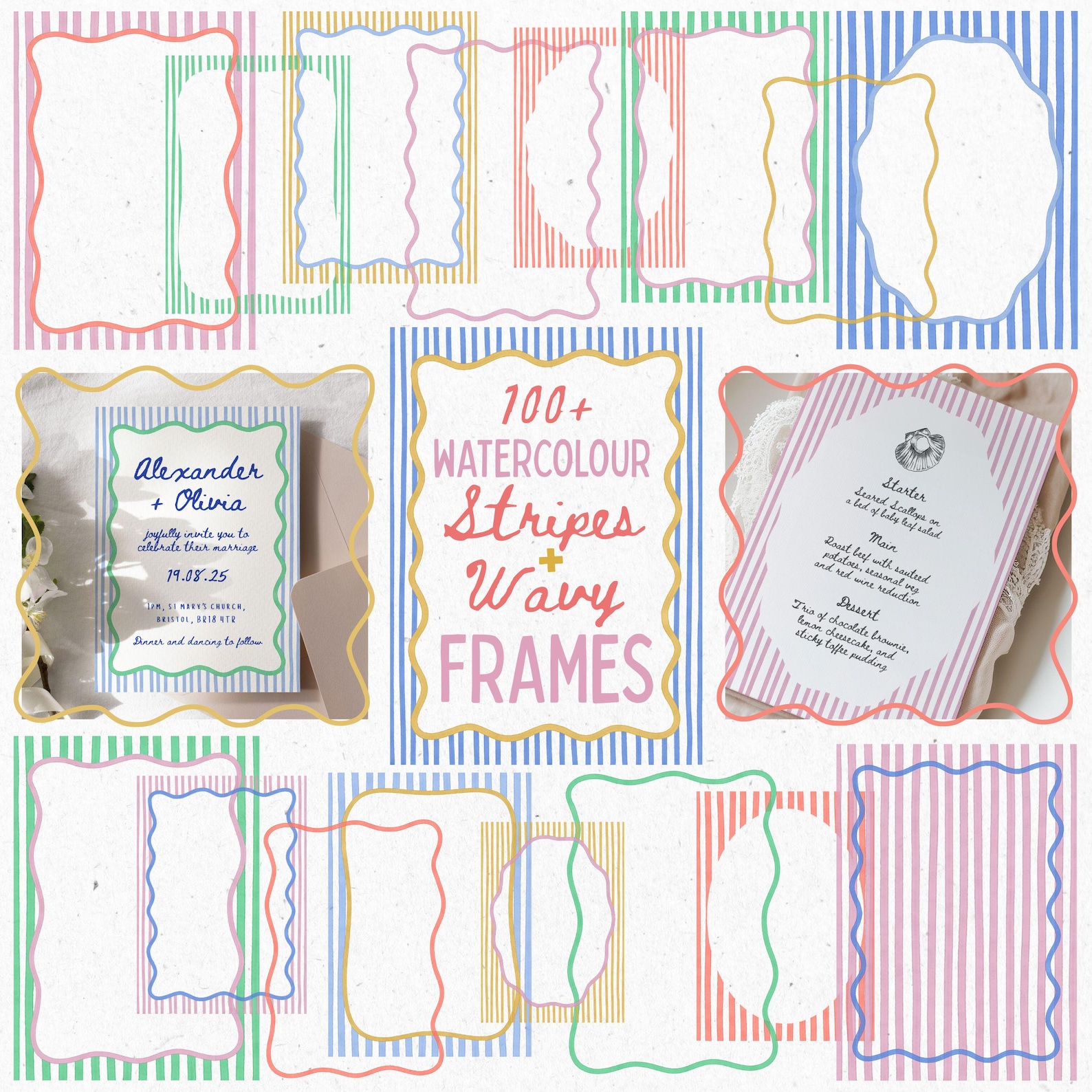 Watercolor Stripes and Wavy Borders PNG Bundle, Handdrawn Invitation ...
