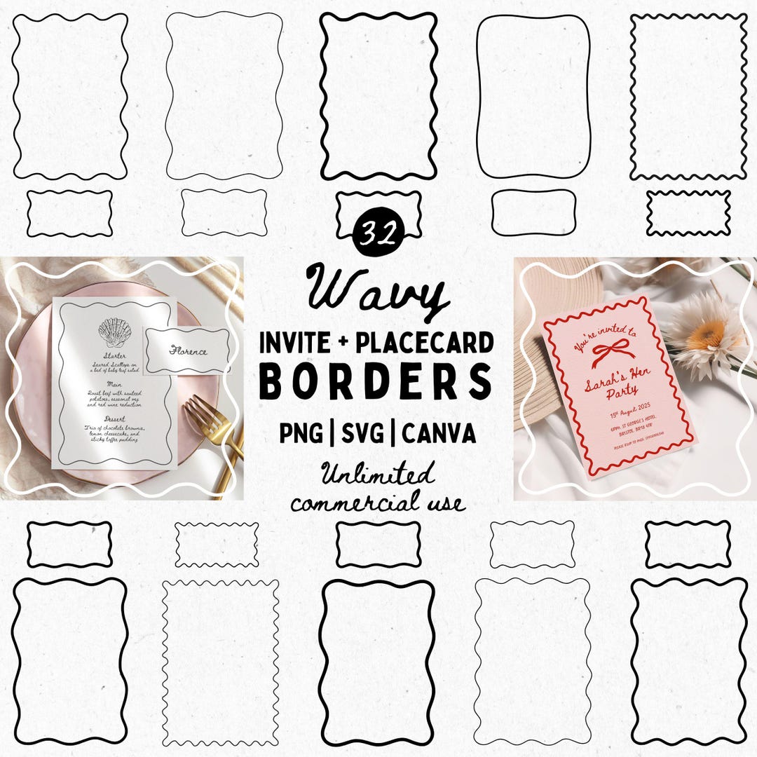 Handdrawn Wavy Border Invite and Placecard Bundle, Handdrawn Wedding ...
