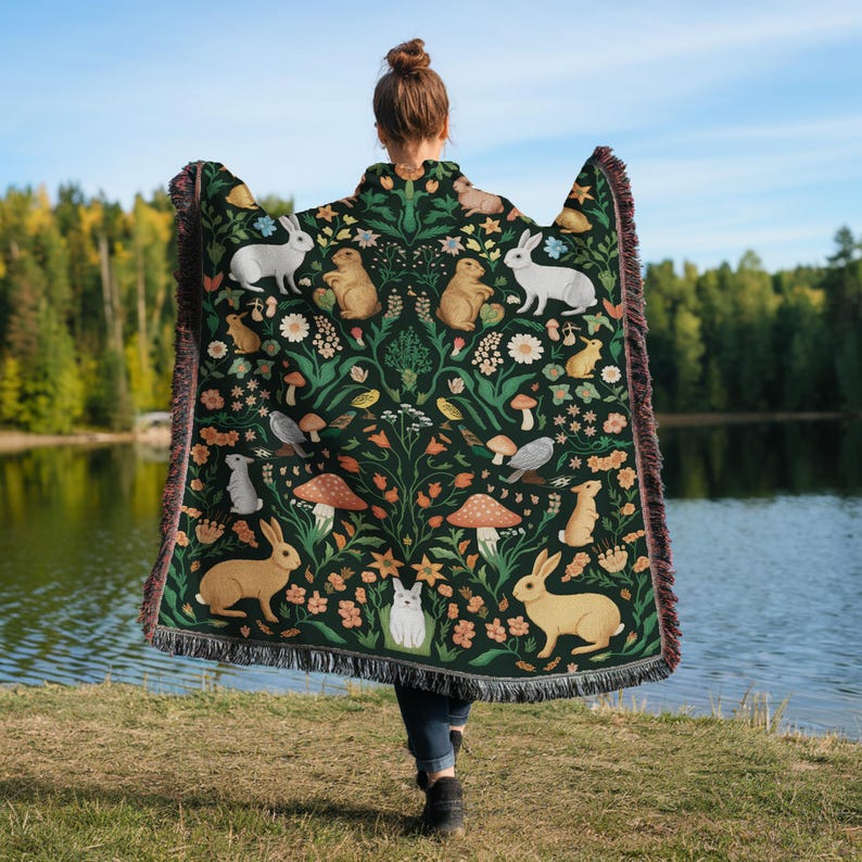 Forest Flora and Fauna Woven Blanket - Nature Wildlife Rabbit Mushrooms ...