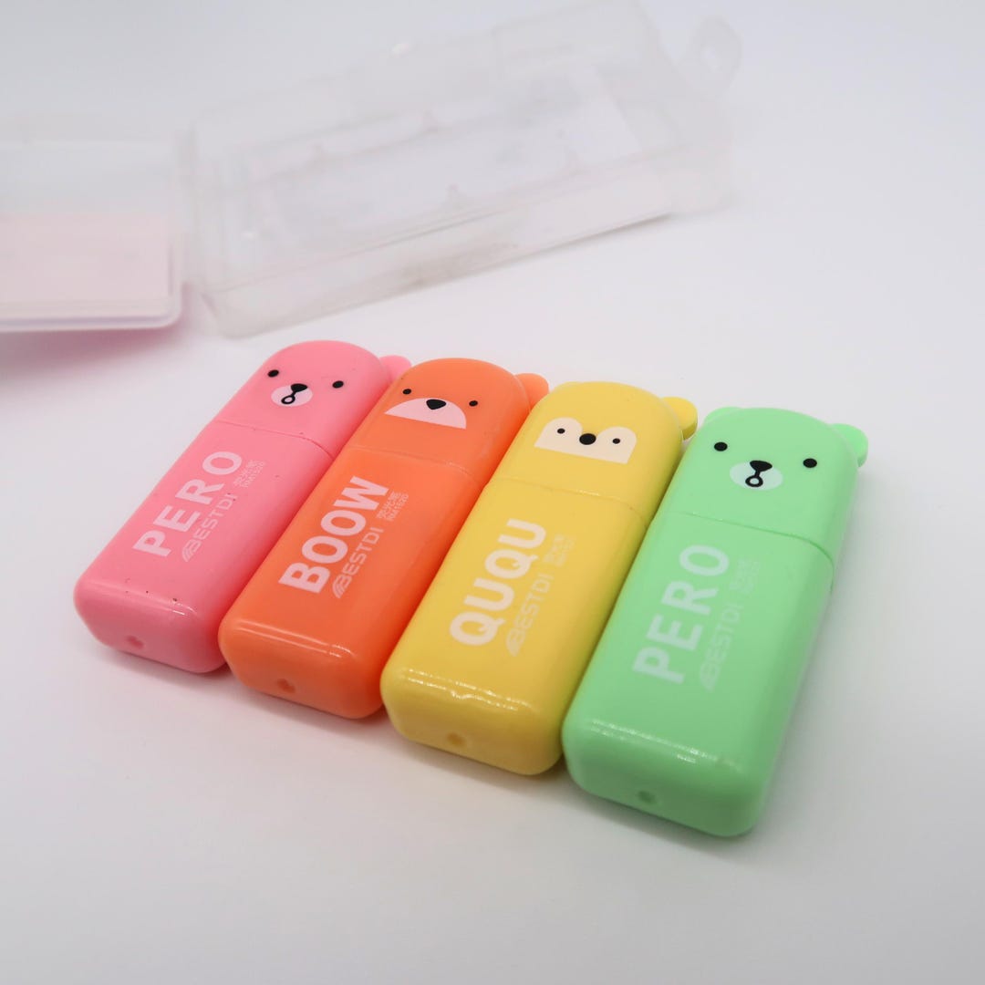 Kawaii Bear Highlighter Pens, Set of 4 Markers, Cute Pastel Stationery ...